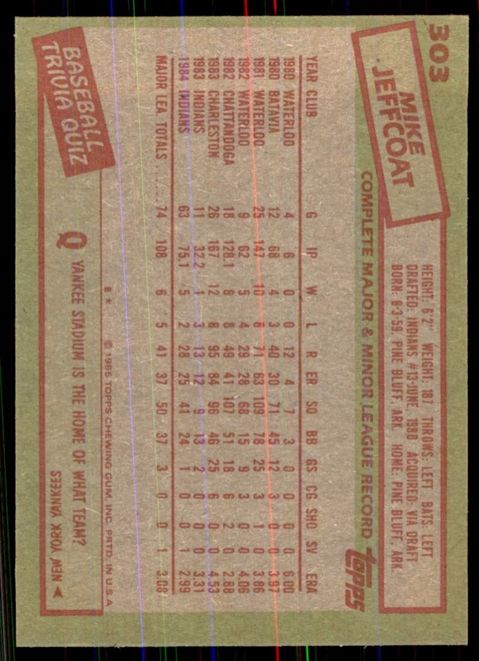 1985 Topps. Mike Jeffcoat Baseball Cards #303 | eBay