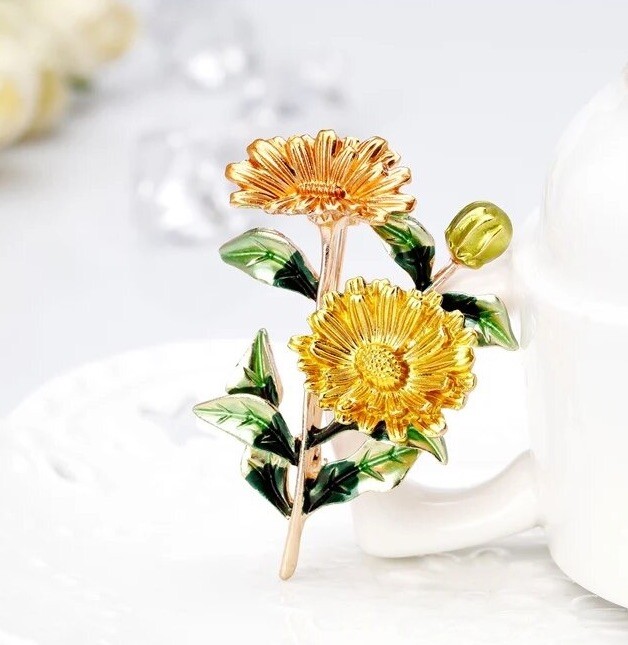 New Gold Plated Single Stem sunflower Dandelion Flower enamel Brooch ...