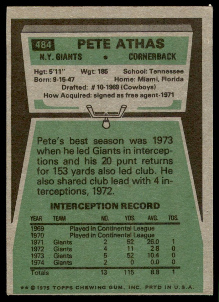 1975 Topps Pete Athas New York Giants #484 EX | eBay
