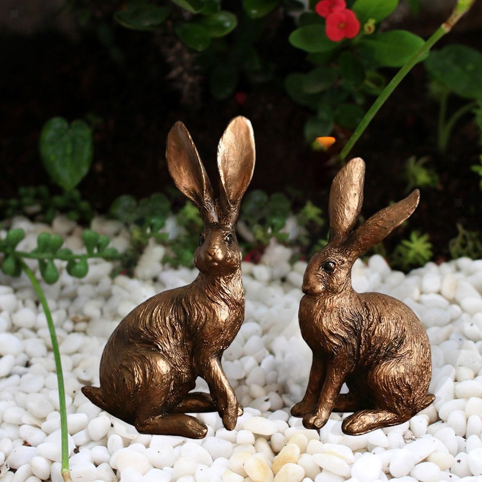 2x Vintage Bunny Statues Resin Rabbit Figurines for Patio Living Room ...