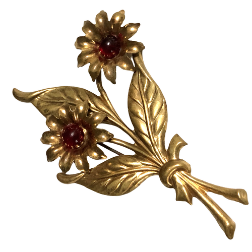 1940's Bouquet - Gilt Brass & Bullet Domed Red Lucite Cabochon Flower ...