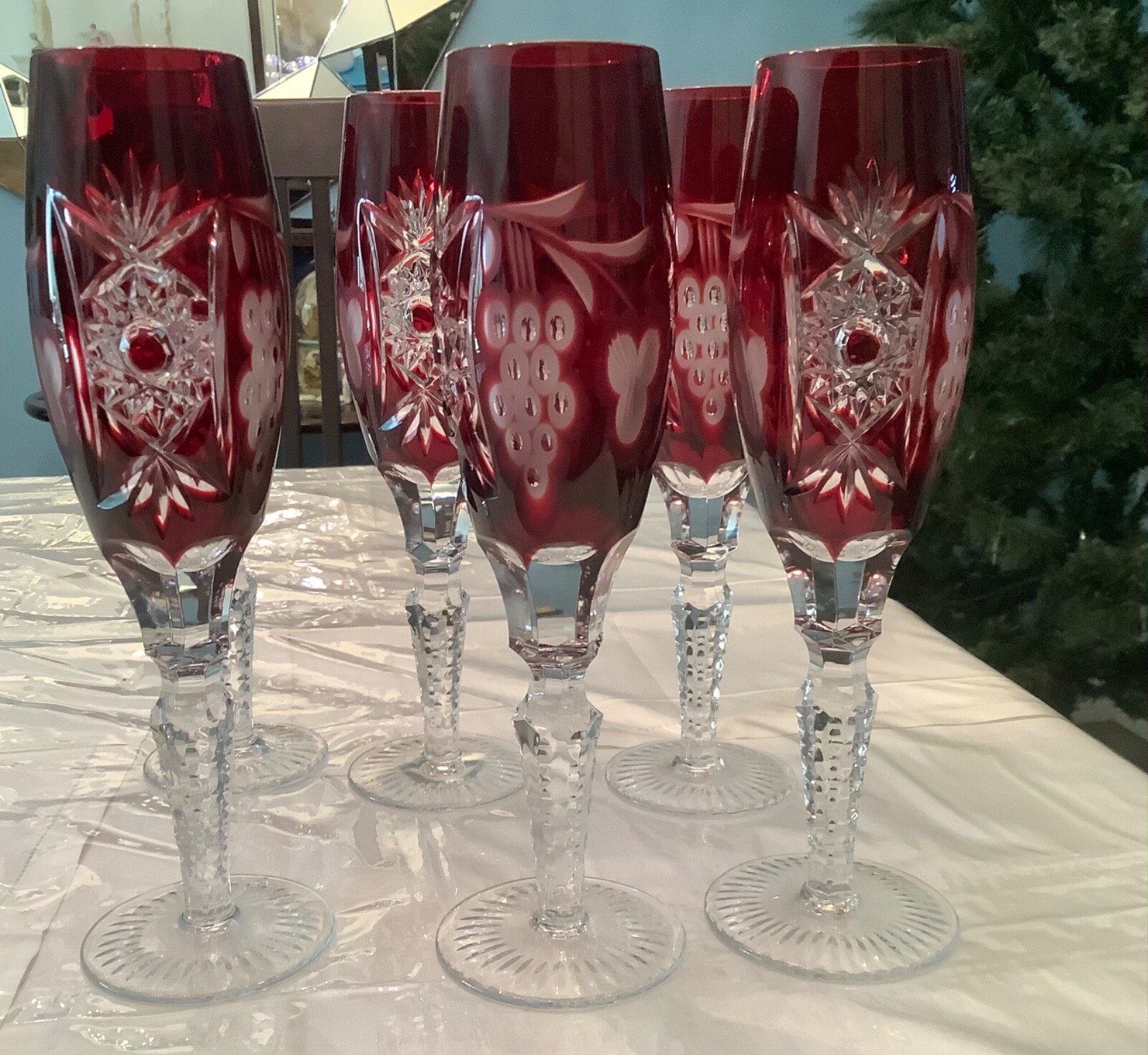Ajka Marsala Crystal Champagne Flute Ruby Cut To Clear Bohemian Set of ...