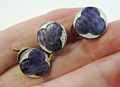 3 SUFFRAGETTE? ANTIQUE TREFOIL PURPLE WHITE ENAMEL SILVER BUTTONS H/M ...