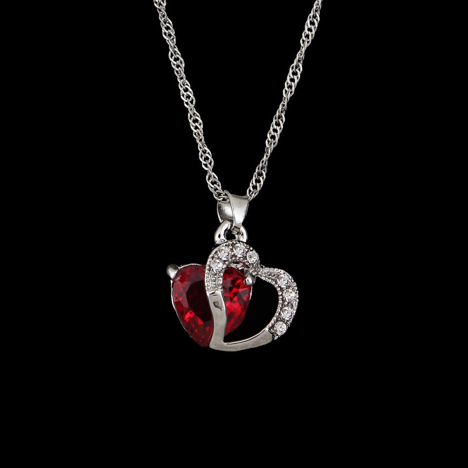 Sterling Silver Red Ruby Crystal Heart Love Pendant Necklace Chain Gift ...