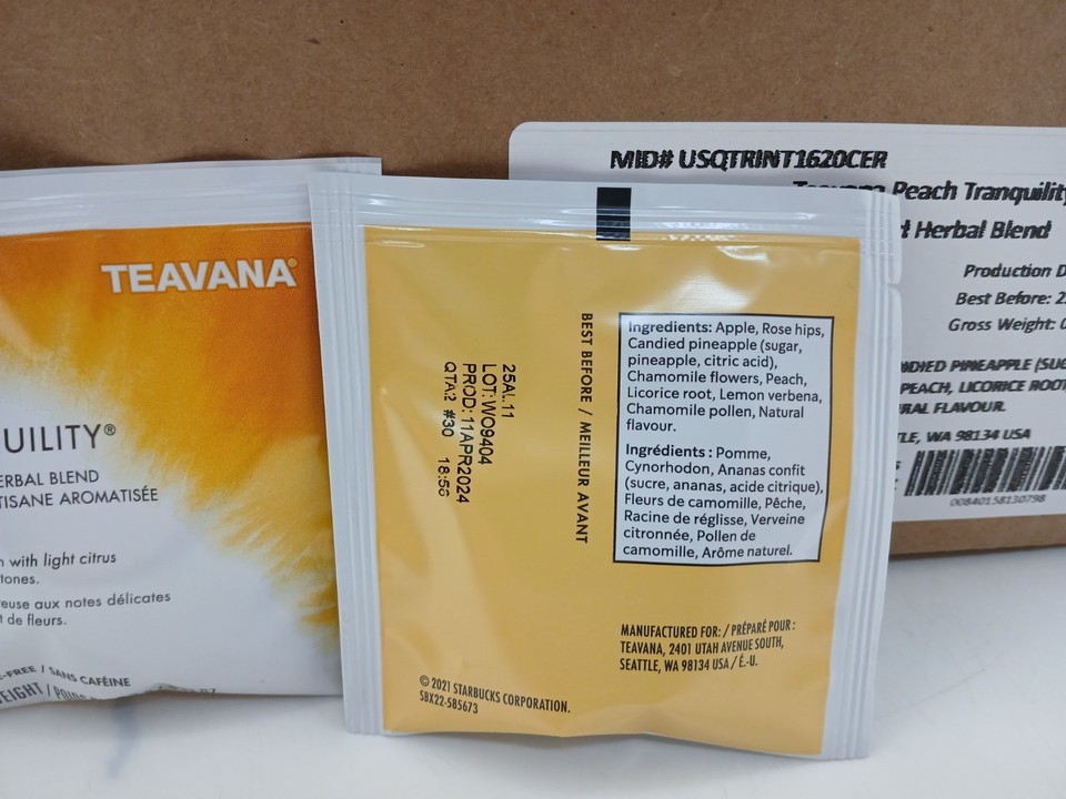 Teavana Peach Tranquility Herbal Tea Sachets (100 Count) - Caffeine ...