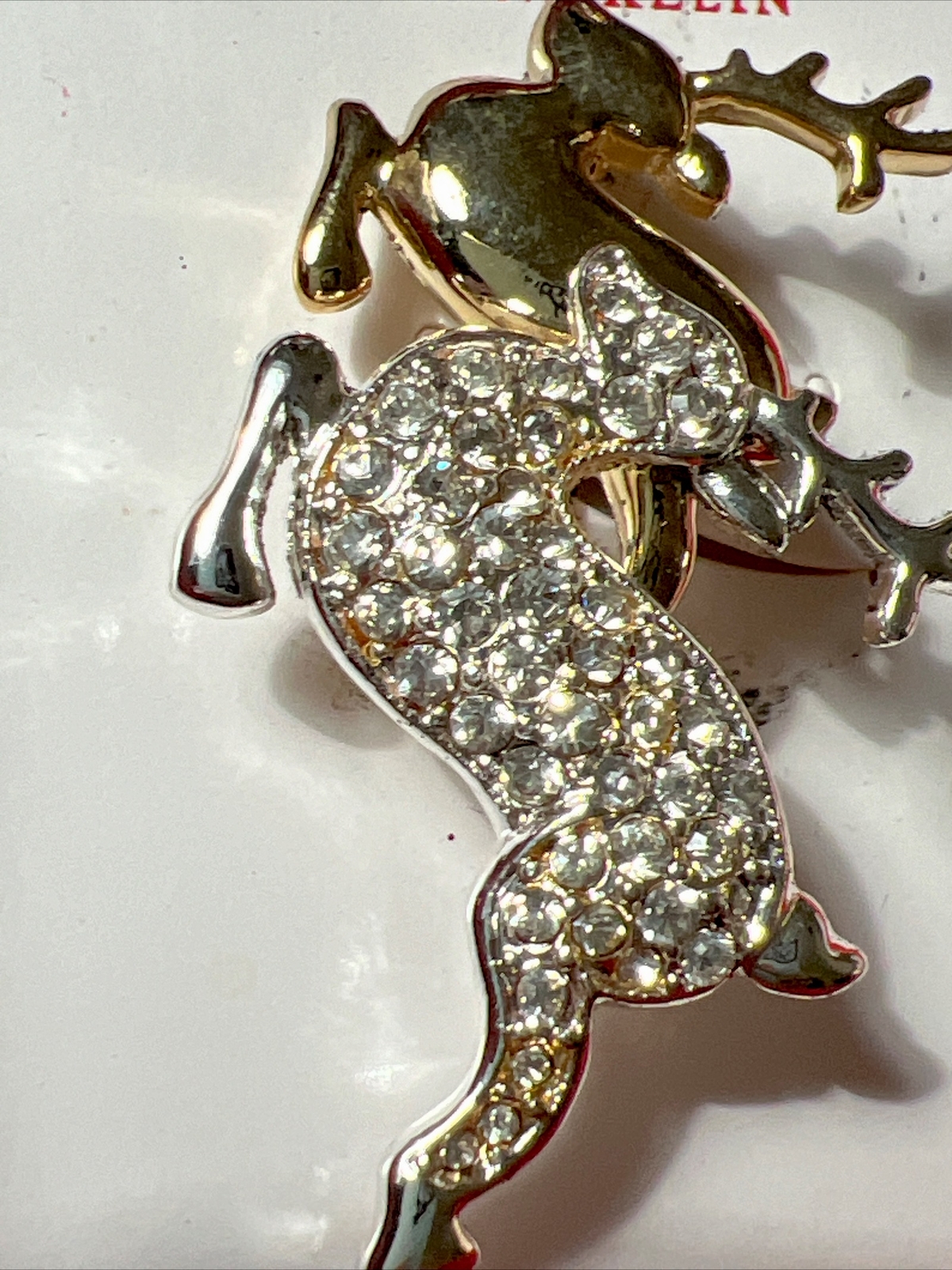 ANNE KLEIN Silver Gold Rhinestone Double REINDEER Brooch Pin in Box ...