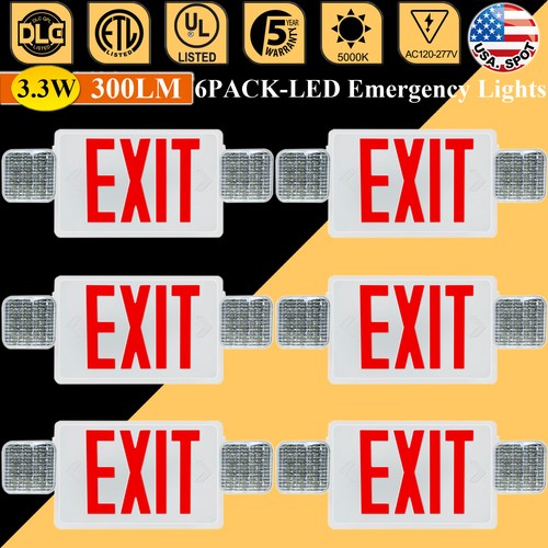 Emergency LED Exit Light Combo Two LED Flood Lights Fire Resistant UL ...