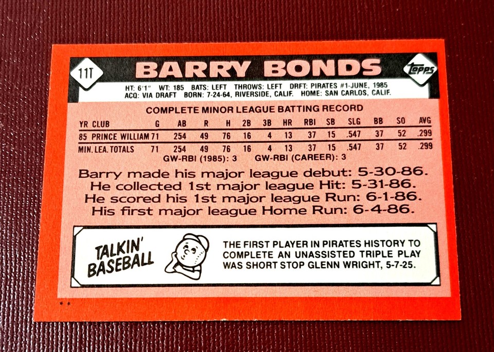 1986 Topps Baseball Card Set-Break #11T Barry Bonds RC NR-MINT or ...