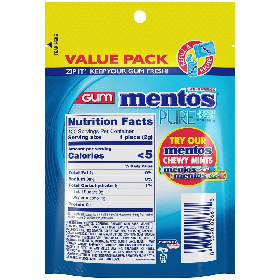 Mentos Pure Fresh Mint Sugar Free Gum Extra Value Pack, 120 Count Bag ...