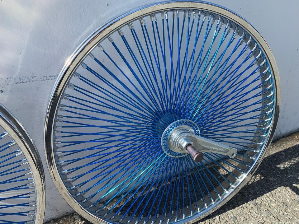 CHROME BICYCLE 20" STEEL WHEELSET W/ 140 BLUE SPOKES LOWRIDER CRUISER ...