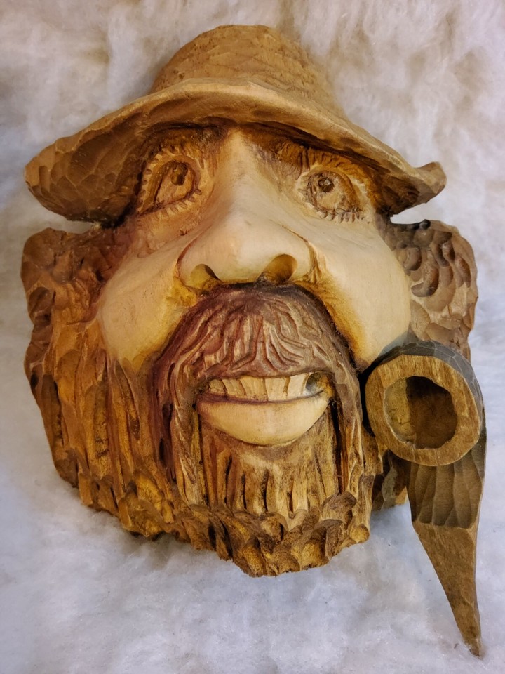 VTG Carved Spirit Tree face Wooden beard Old man pipe folk art German ...