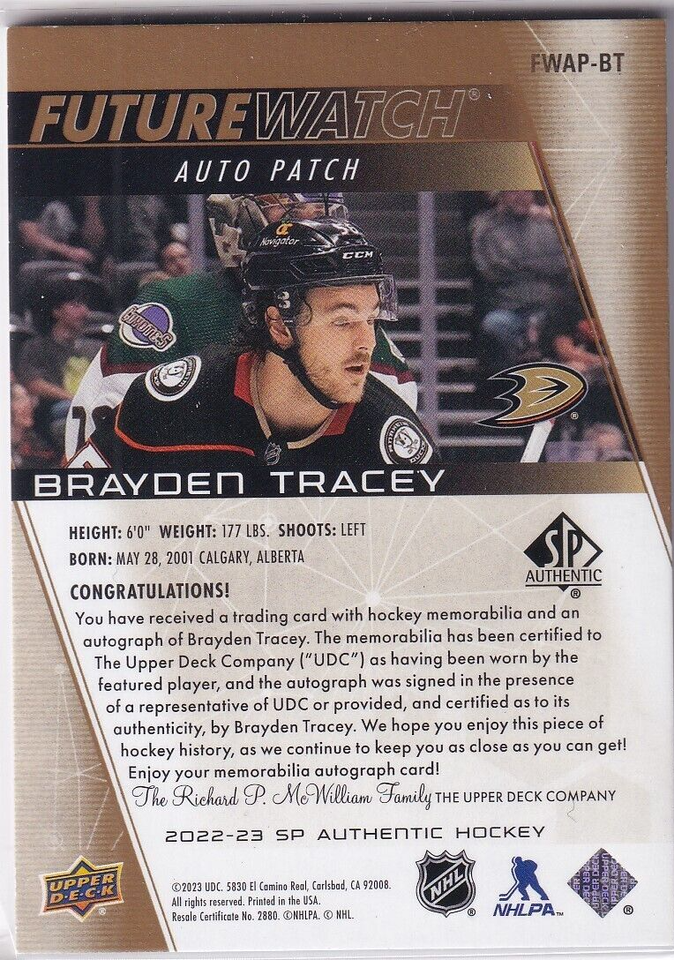 2022-23 SP Authentic Hockey Brayden Tracey Future Watch Auto Patch #058 ...