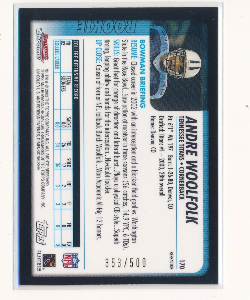 ANDRE WOOLFOLK 2003 BOWMAN CHROME RC REFRACTOR ROOKIE 353/500 ...