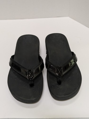 Vionic High Tide Black Patent Leather Wedge Flip Flops Sandals Orthotic ...
