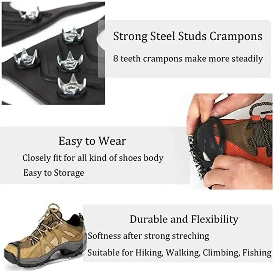 ICE GRIPPERS NON-SLIP SNOW 8 STEEL STUDS CRAMPON SPIKES BOOT SHOE GRIP ...