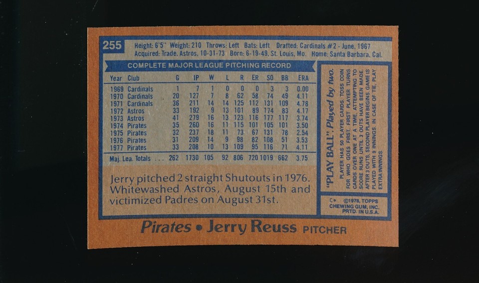 1978 Topps #255 Jerry Reuss * Pitcher * Pittsburgh Pirates * NM * | eBay