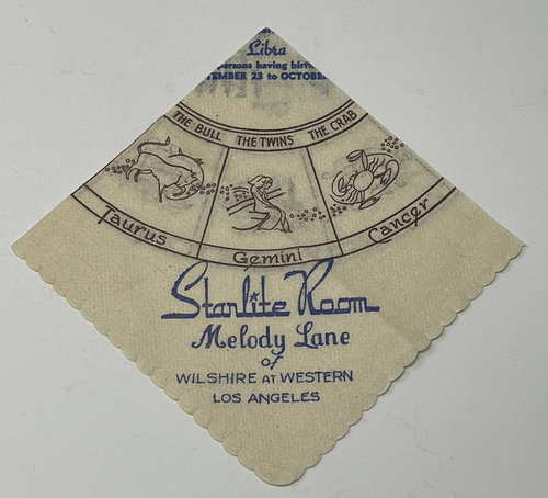 40s Starlite Room Melody Lane Los Angeles CA Cocktail Drink Napkin ...