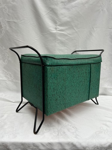 Vtg 50s-60s Atomic Footstool Ottoman Hairpin Legs Green Black Storage ...