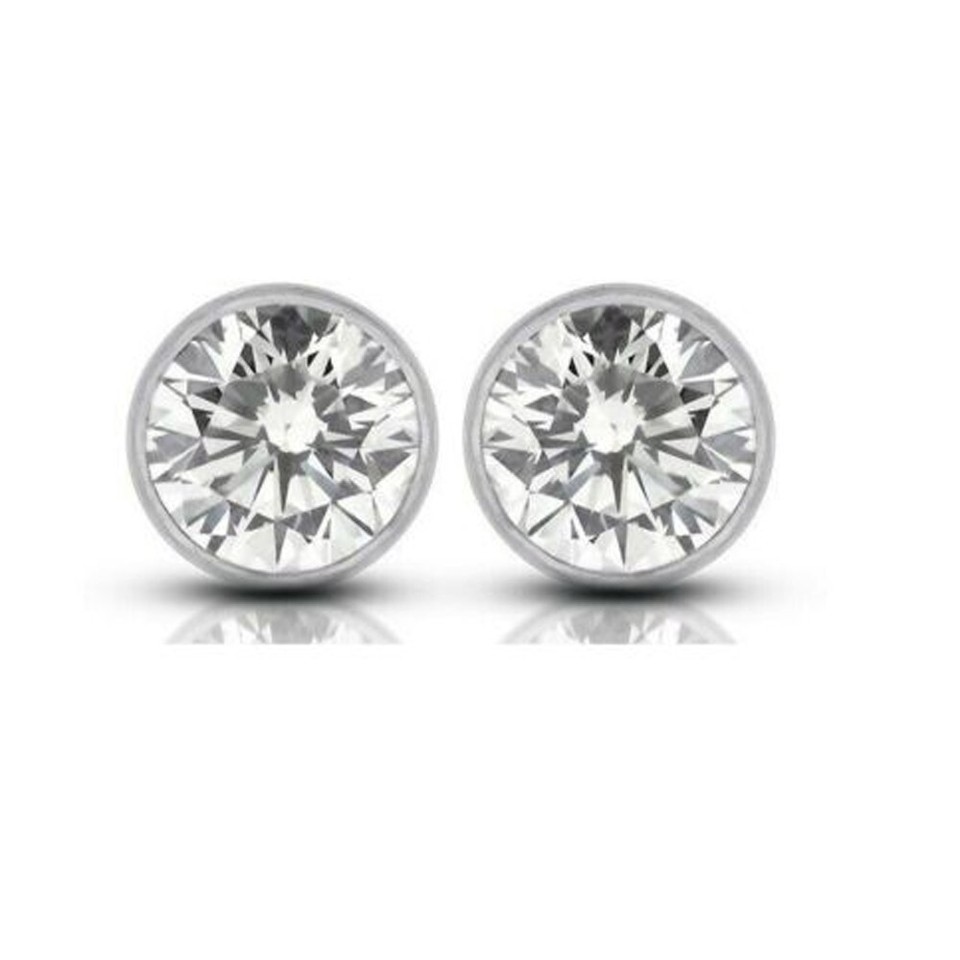 2CT Moissanite Bezel Set Screw Back Stud Earrings 14K White Gold Plated ...