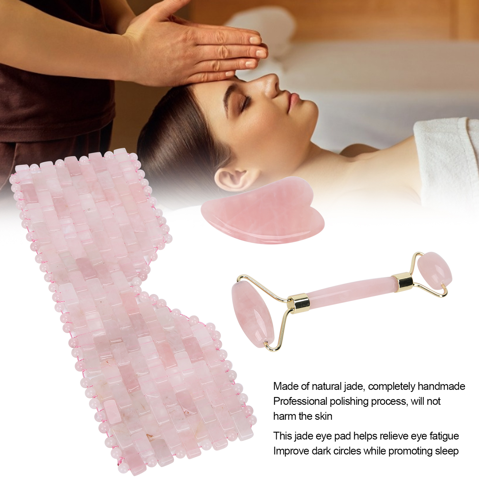 Rose Quartz Eye Pad Face Massage Roller Scraper Board Set Natural Jade ...