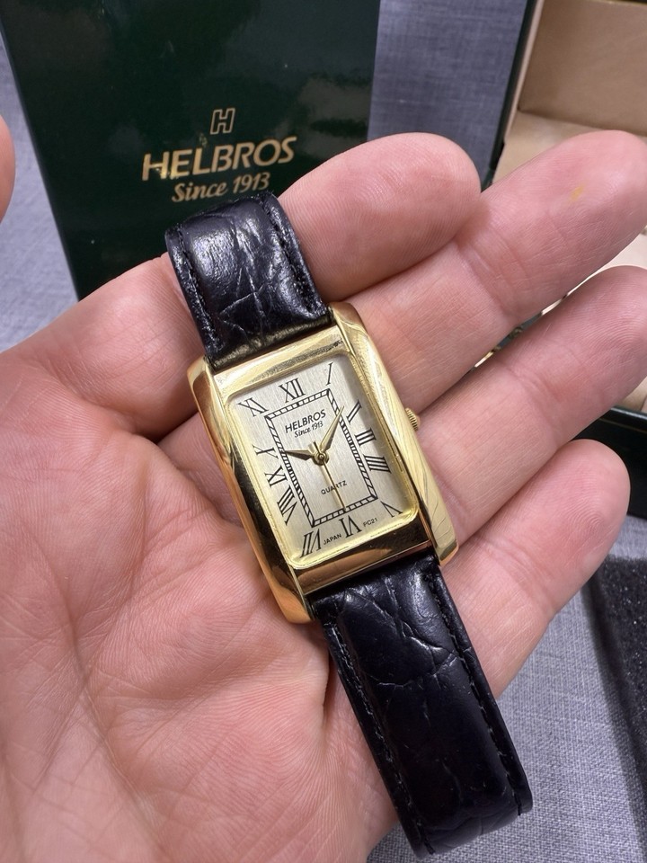 Helbros Gold Plated Gold Dial Tank Style Leather 26mm Rectangle Watch ...