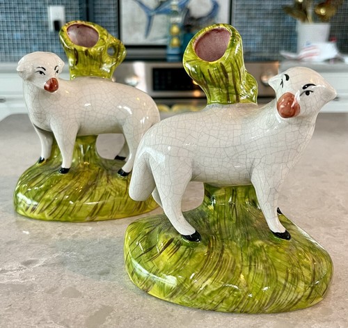 Vintage Rare English Staffordshire Mantle Sheep Lamb Spill Vase Pair ...