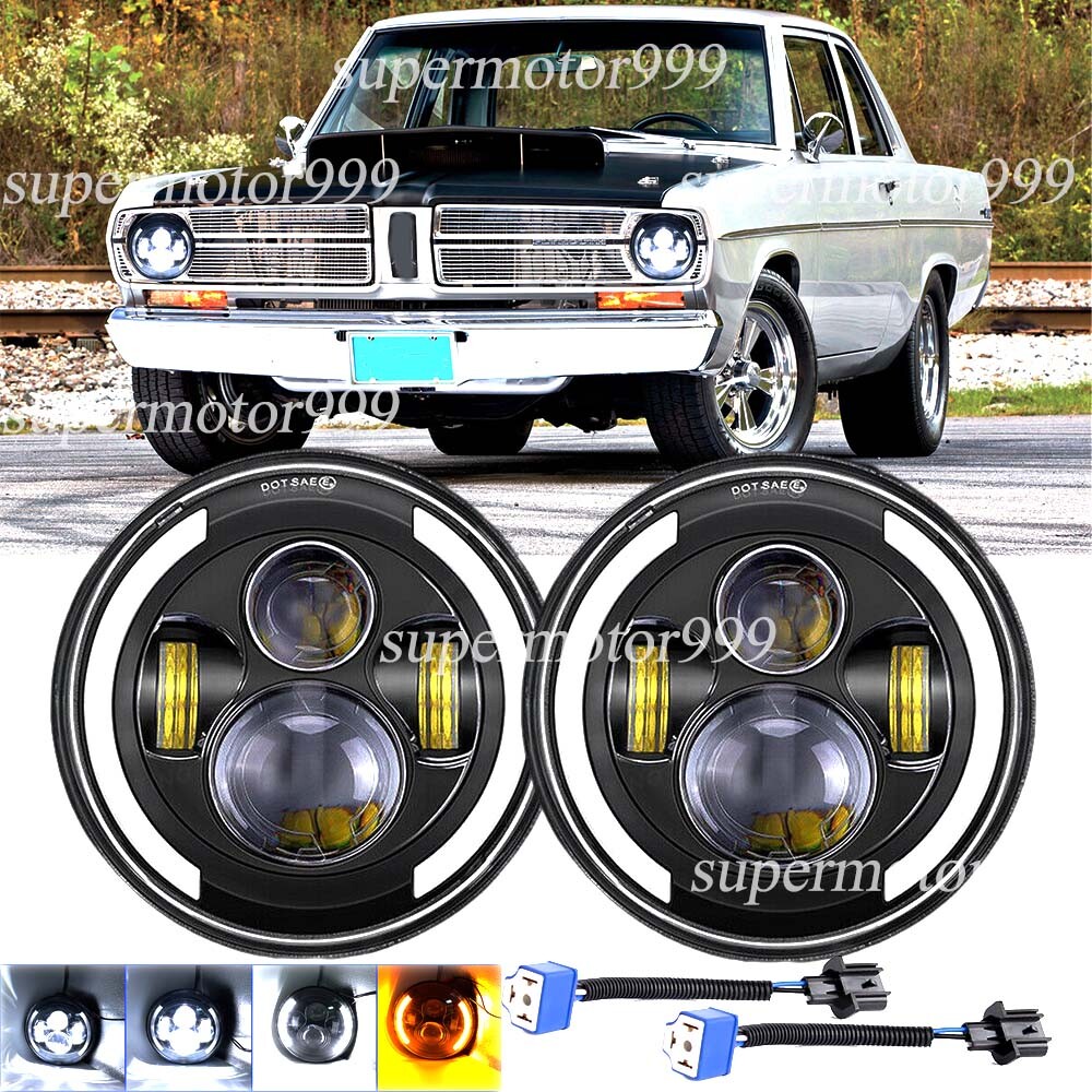 Pair 7" Round LED Headlights Hi-Lo DRL Angel Eyes fit Plymouth Valiant ...