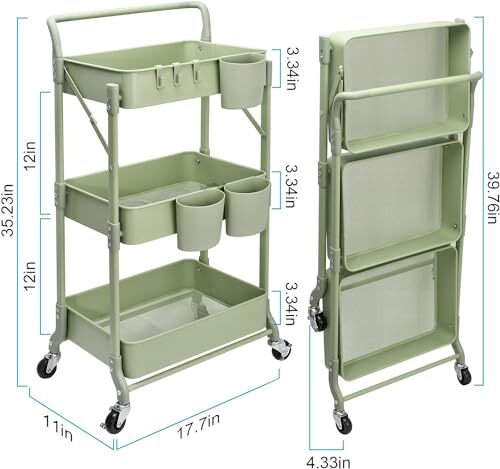 Foldable 3 Tier Metal Utility Rolling Cart, Folding Mobile Multi ...