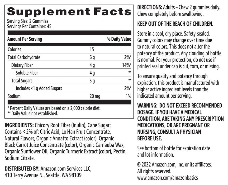 Amazon Basics (previously Solimo) Fiber 4g Gummy - Digestive Health ...