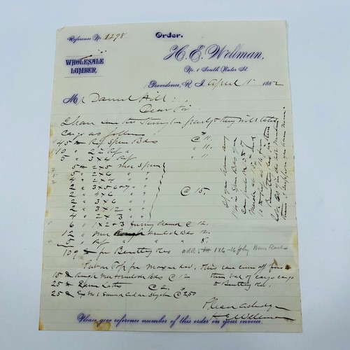 1882 H.E. Wellman Lumber Providence RI Billhead Letterhead Receipt AA4 ...