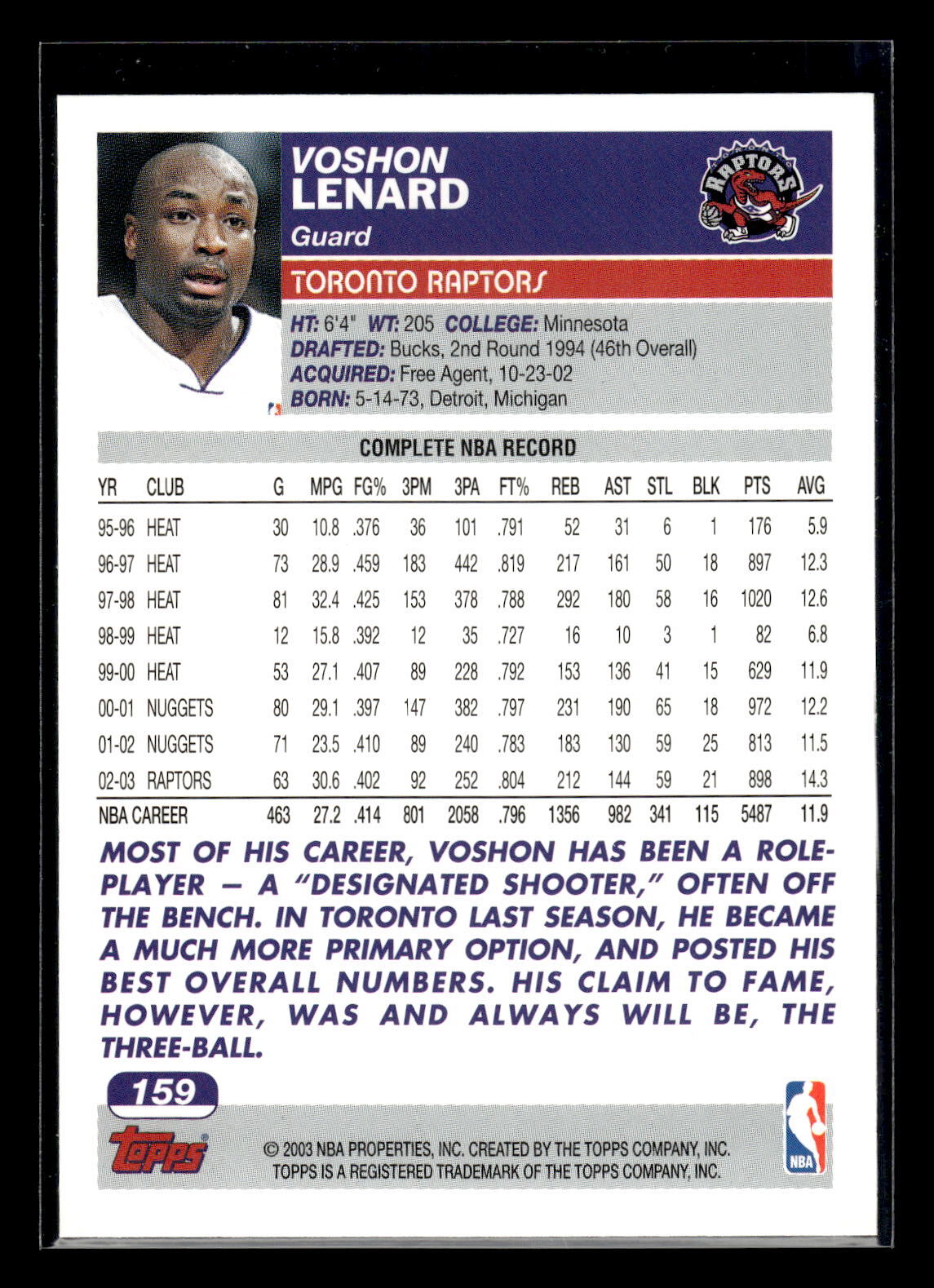 2003 Topps Collection #159 Voshon Lenard Mint+ New | eBay