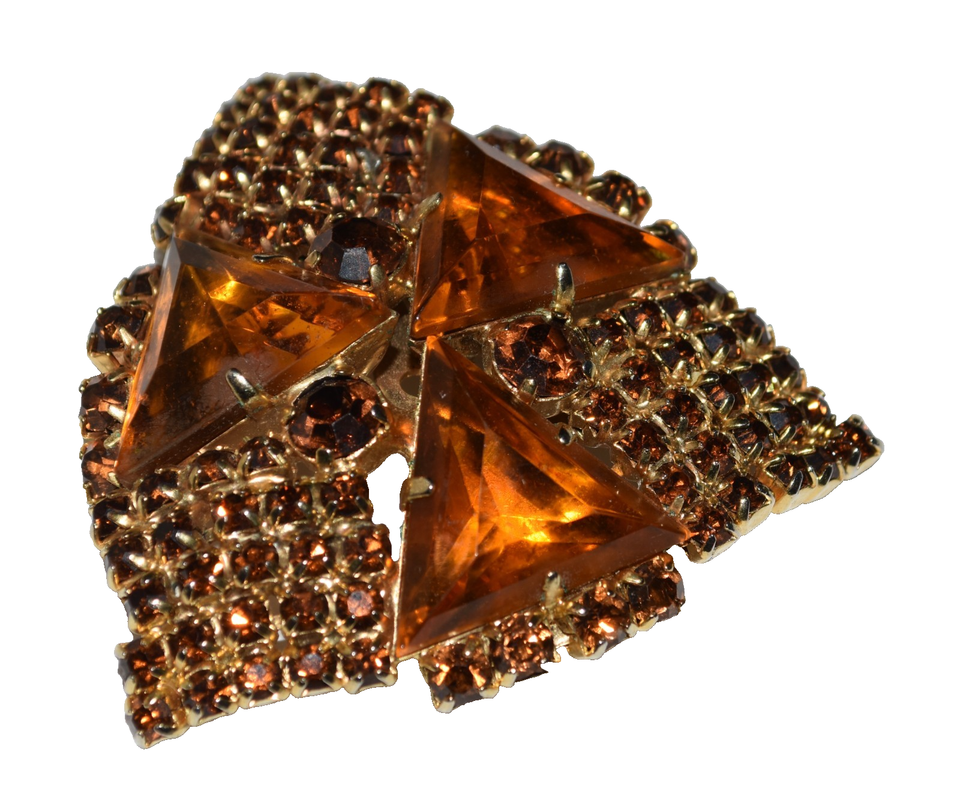 Vintage Large Triangular Shape Amber Rhinestones Gold Tone Triangle ...