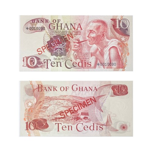 1977 GHANA OLD 10 GHANIAN CEDIS - SPECIMEN BANKNOTE WEST AFRICA CEDI A ...
