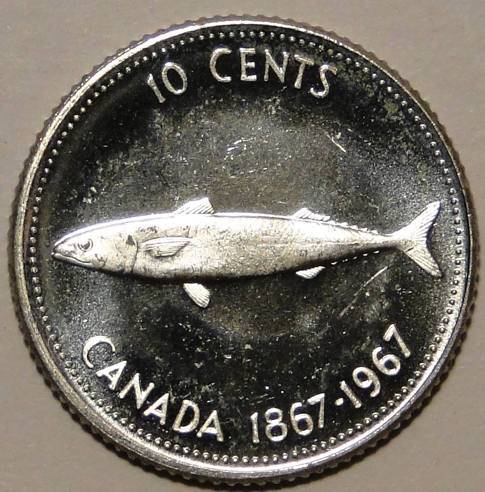 BU UNC Canada 1967 silver dime fish 10 cent 10c from bank roll heavy ...