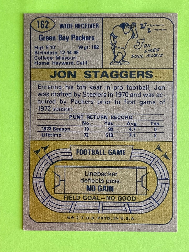 Jon Staggers 1974 Topps Rookie Football Card #162 -Green Bay Packers | eBay