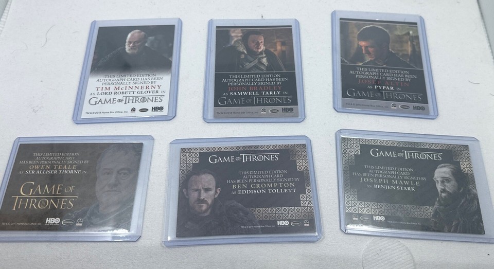 Game of Thrones 6 Card Autograph Lot Samwell, Eddison, Benjen, Pypar ...