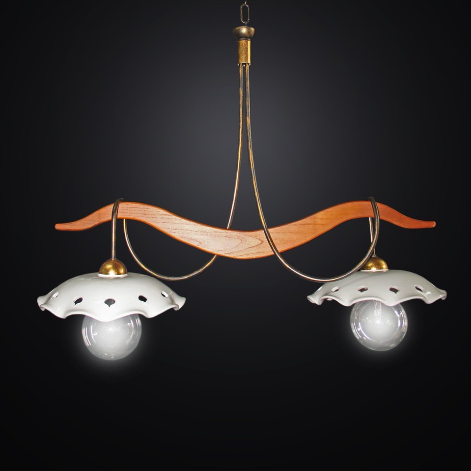 Classic 2-Light Chandelier in Wrought Iron Wood and Perforated Ceramic ...