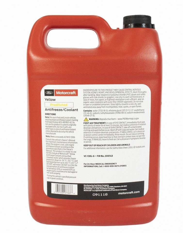 1 Gallon Engine Coolant Antifreeze Motorcraft Orange/Yellow Pre diluted ...