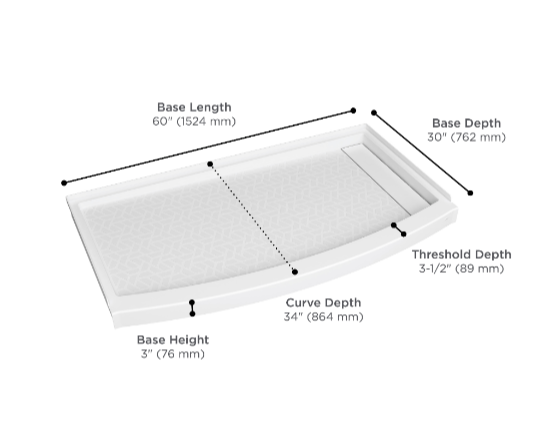 Elevate Shower Base with trench drain: 60x30-inch, Curved with Left ...