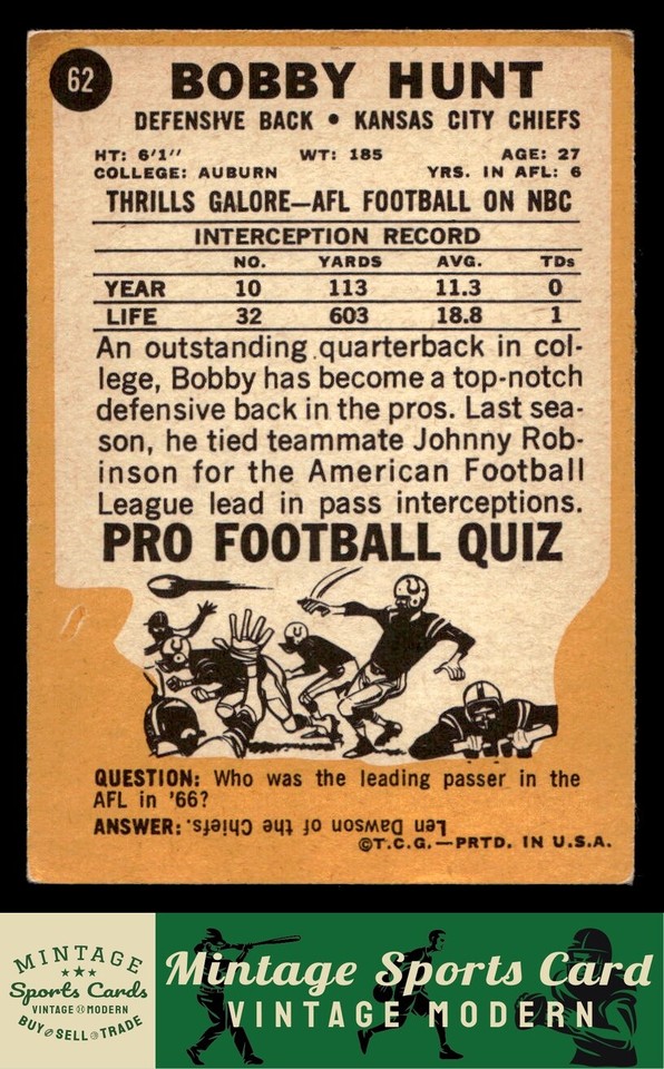 1967 Topps - Bobby Hunt - #62 Kansas City Chiefs | eBay
