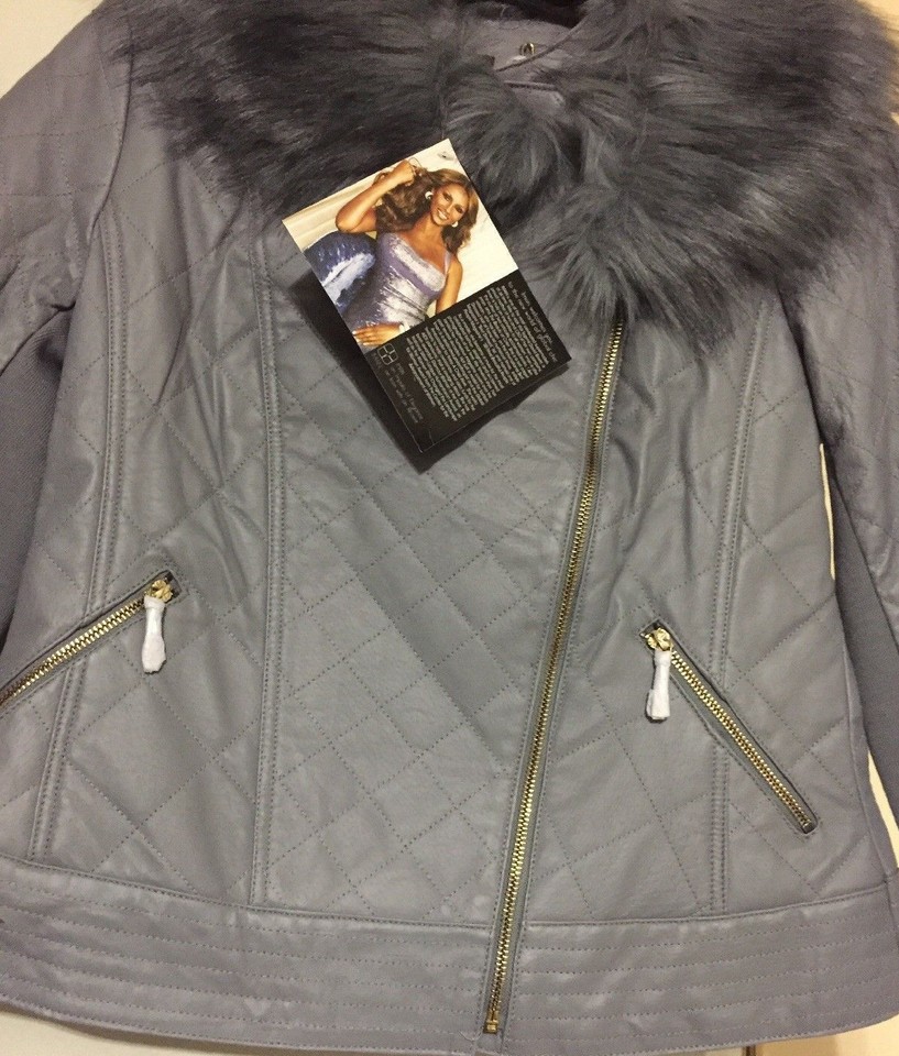 $250 IMAN Grey Quilted Leather Jacket with Detachable Faux Fur Collar ...