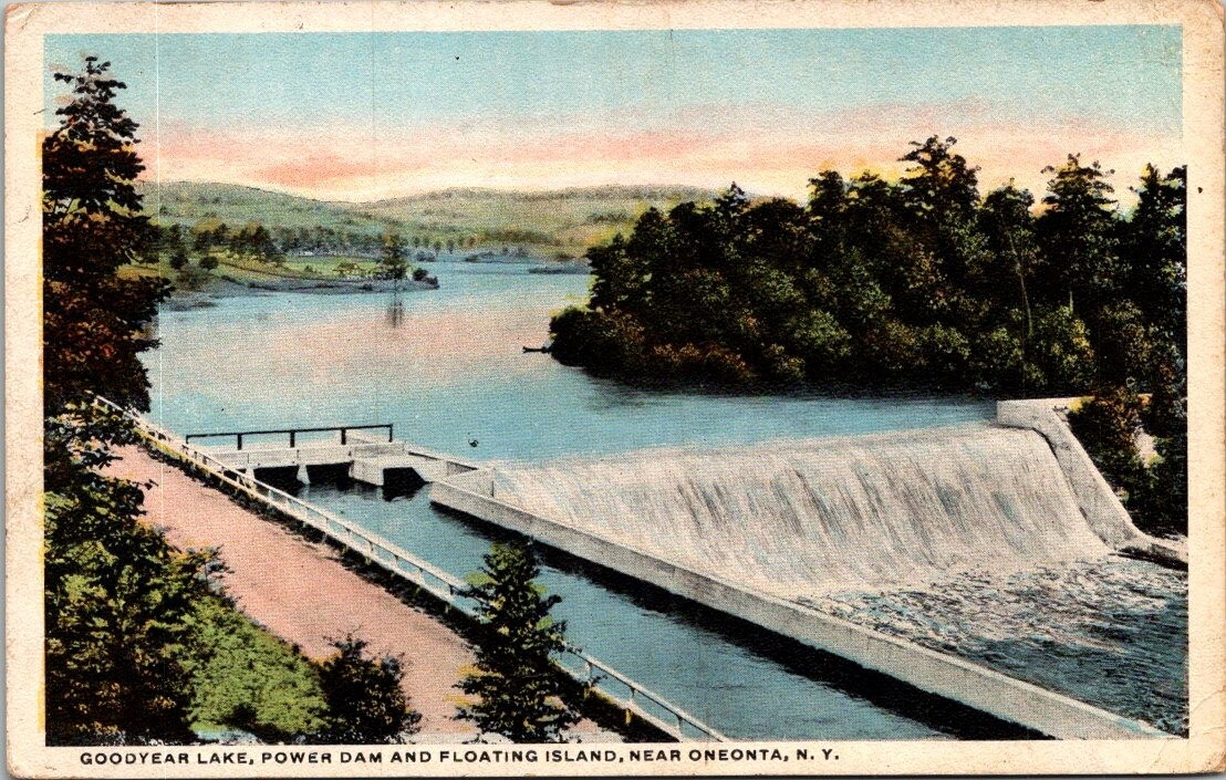 Postcard. Goodyear Lake Power Dam and Floating Island Near Oneonta, New ...