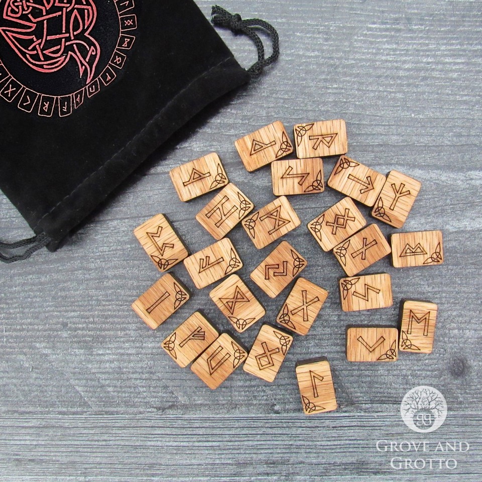 NEW Engraved Oak Rune Set - 24 Wood Tiles w/ Bag and Info Card | eBay