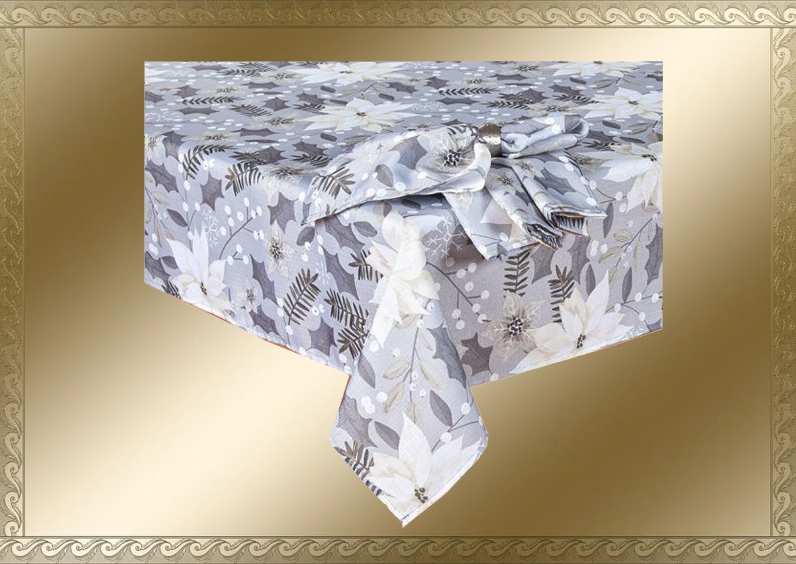 Grey White Poinsettia Tablecloth Holly Berries Print Fabric 60 x 102 Rectangle | eBay