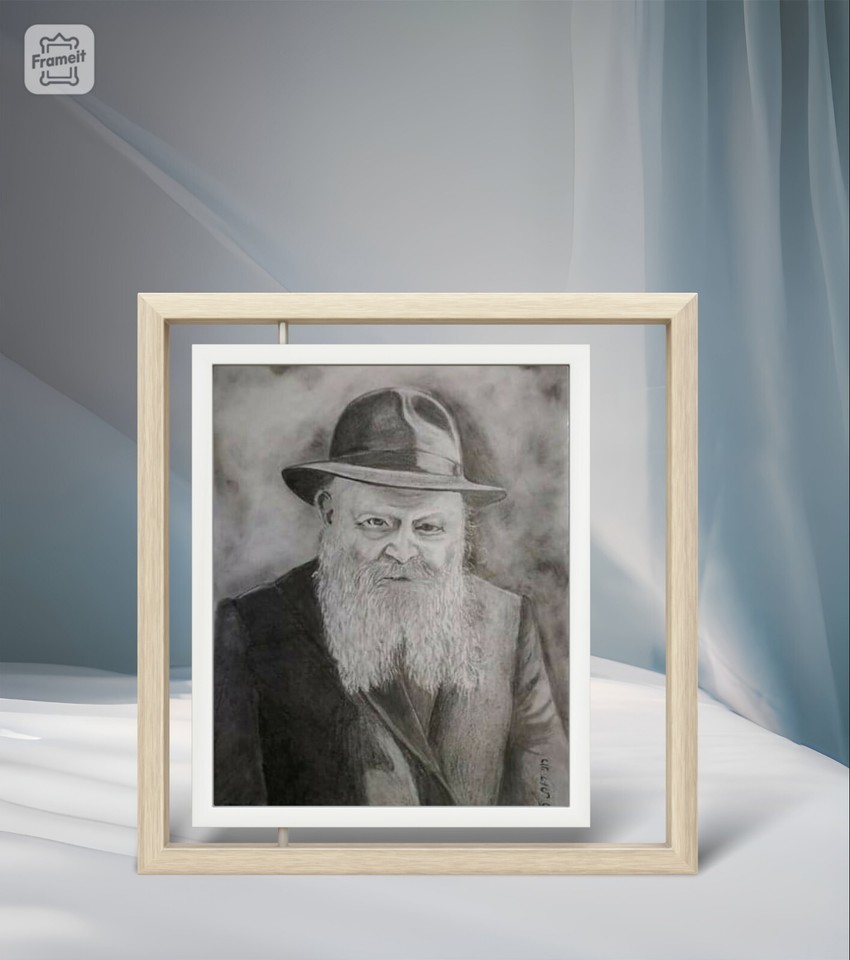Black and white drawing REBBE LUBAVITCH original mixed media on canvas ...