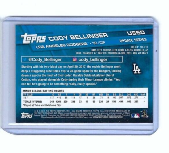 Cody Bellinger 2017 Topps Update Series Rookie Card RC #US50 Los ...
