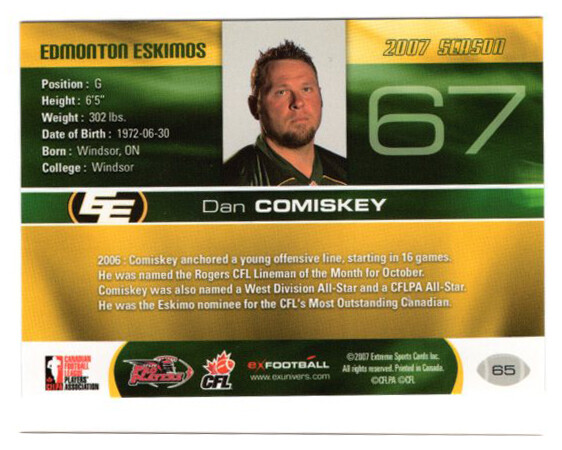 Dan Comiskey 2007 Extreme CFL card #65 Edmonton Eskimos Windsor Lancers ...