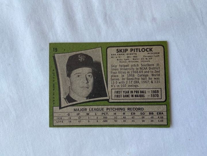 DCC: 1971 Topps #19 Skip Pitlock San Francisco Giants EX+ ERROR ...