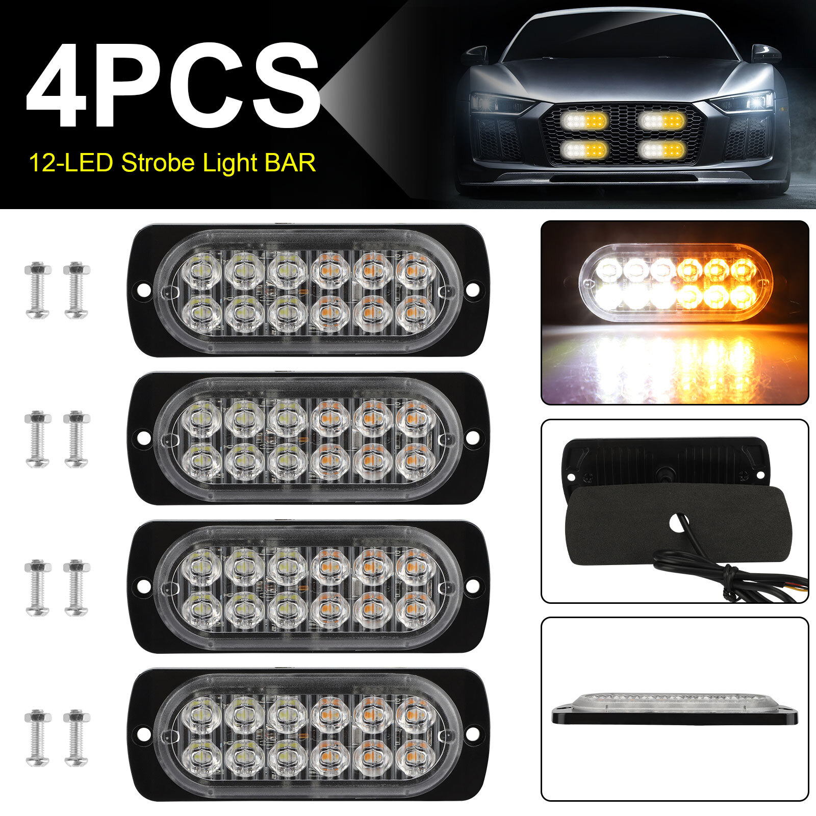 4x 12 LED Strobe Light Bar Car Truck Flashing Warning Hazard Beacon ...