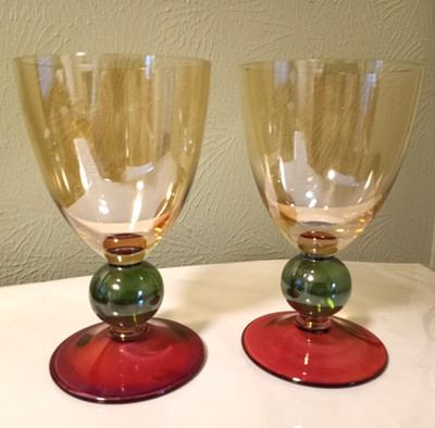 2 Krosno Poland 6-3/4" Blown Crystal Water Glasses Tri-Color Iridescent ...